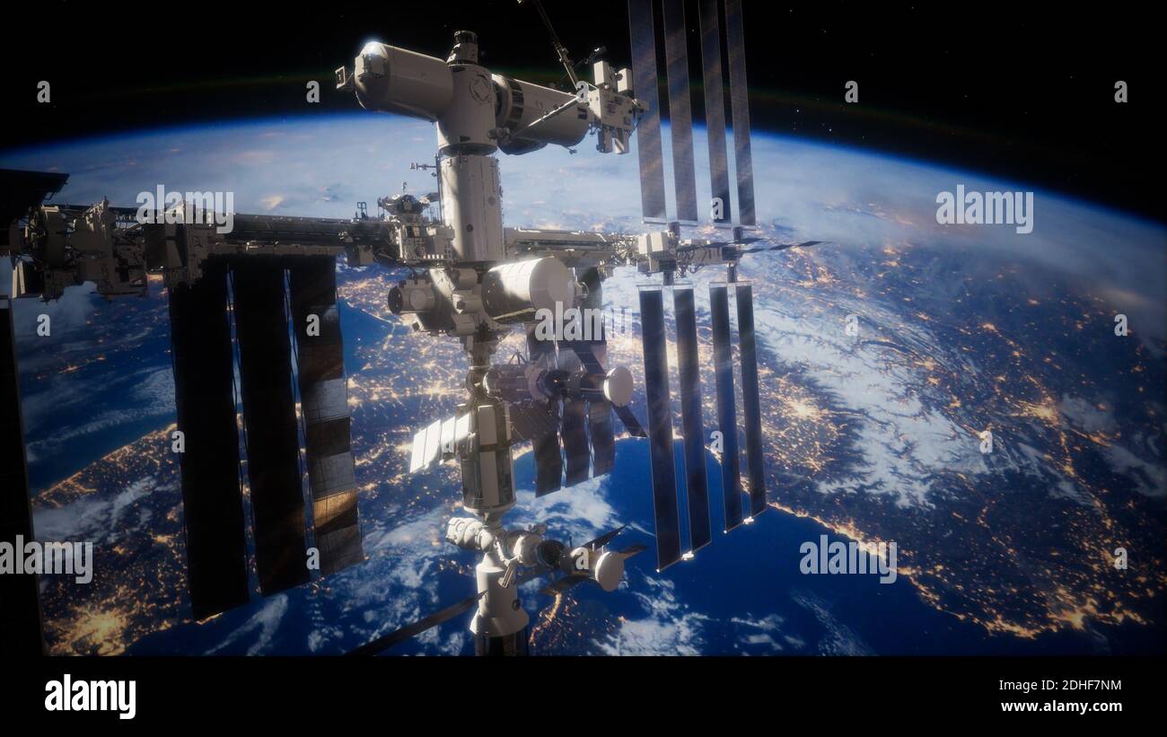 A view of the Earth and a spaceship. ISS is orbiting the Earth Stock ...