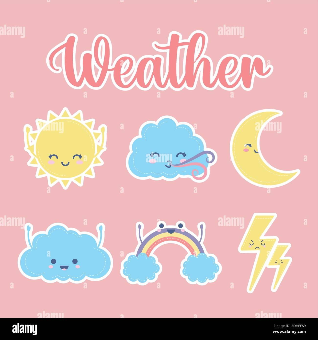 set of weather icons with weather lettering on a pink background Stock ...