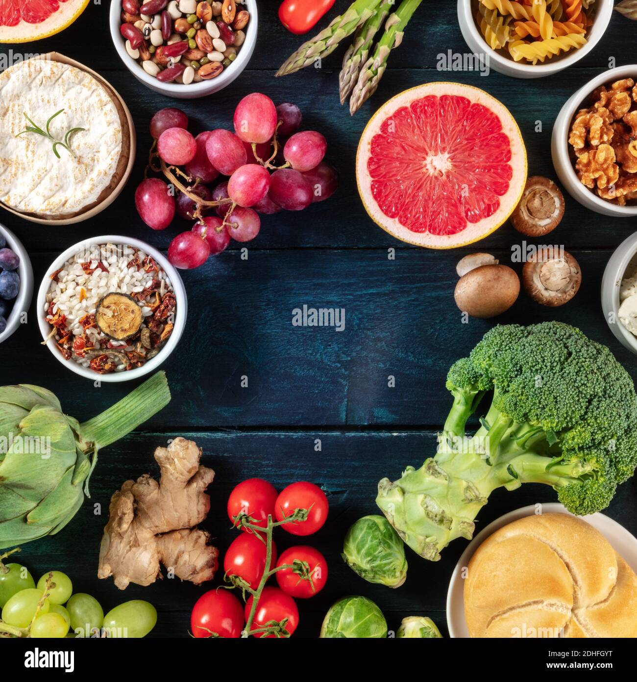 Vegetarian food background, a square banner with a place for text. Top ...