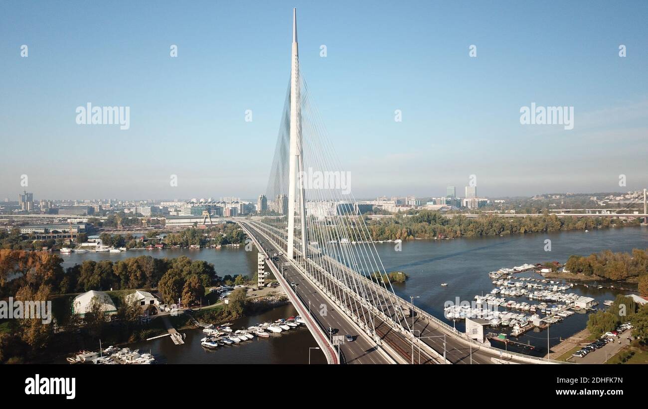 BELGRADE, SERBIA - Nov 20, 2020: The Ada Bridge is a cable-stayed ...