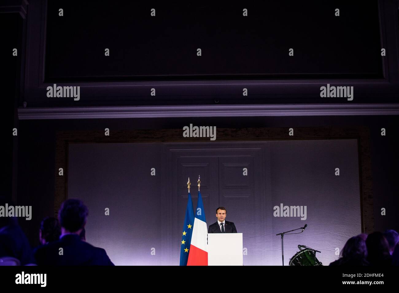 French President Emmanuel Macron delivers a speech before a dinner on ...