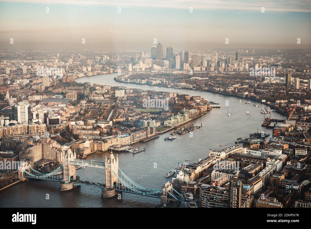 An aerial shot of the River Thames and buildings in the City of Lon ...
