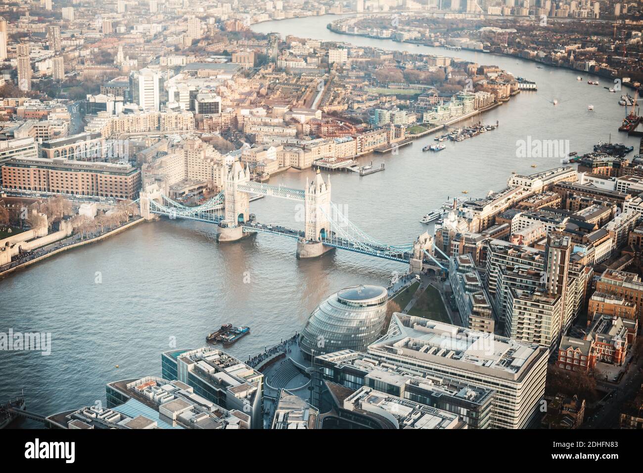 An aerial shot of the River Thames and buildings in the City of London ...