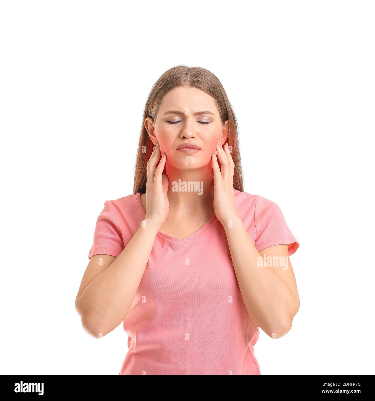 Young woman suffering from tooth ache on white background Stock Photo ...