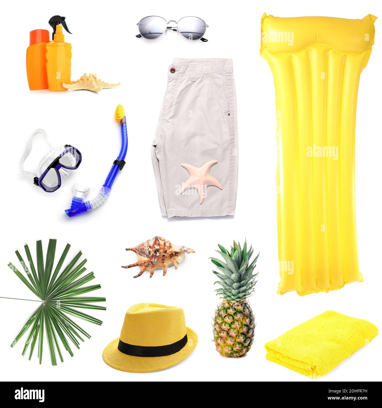 Set of male beach accessories on white background Stock Photo - Alamy