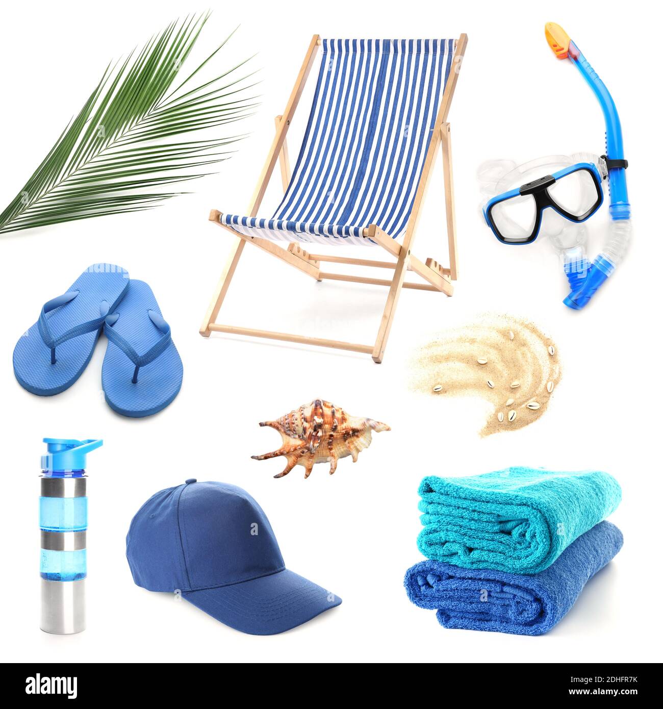 Set of male beach accessories on white background Stock Photo - Alamy