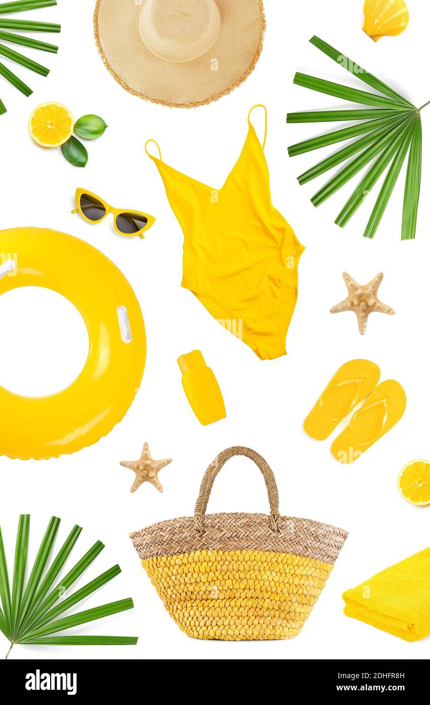 Collage of female beach accessories on white background Stock Photo - Alamy