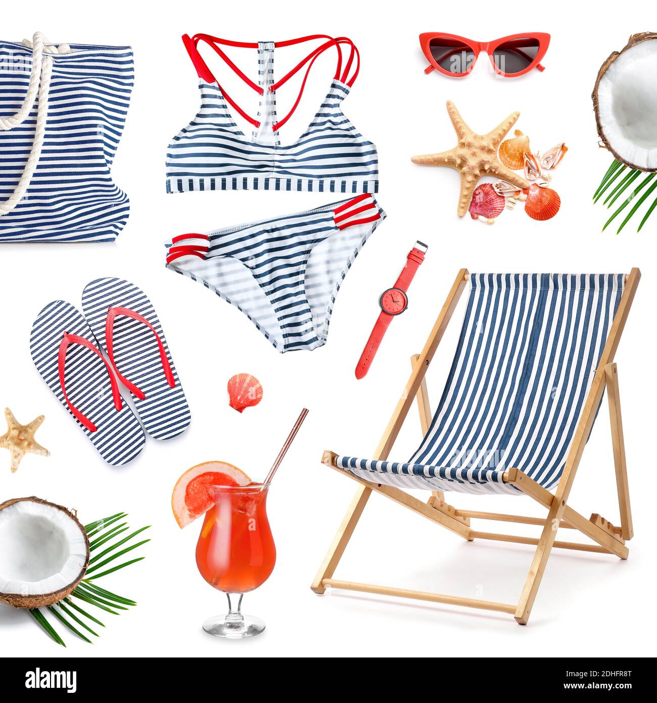 Collage of female beach accessories on white background Stock Photo - Alamy