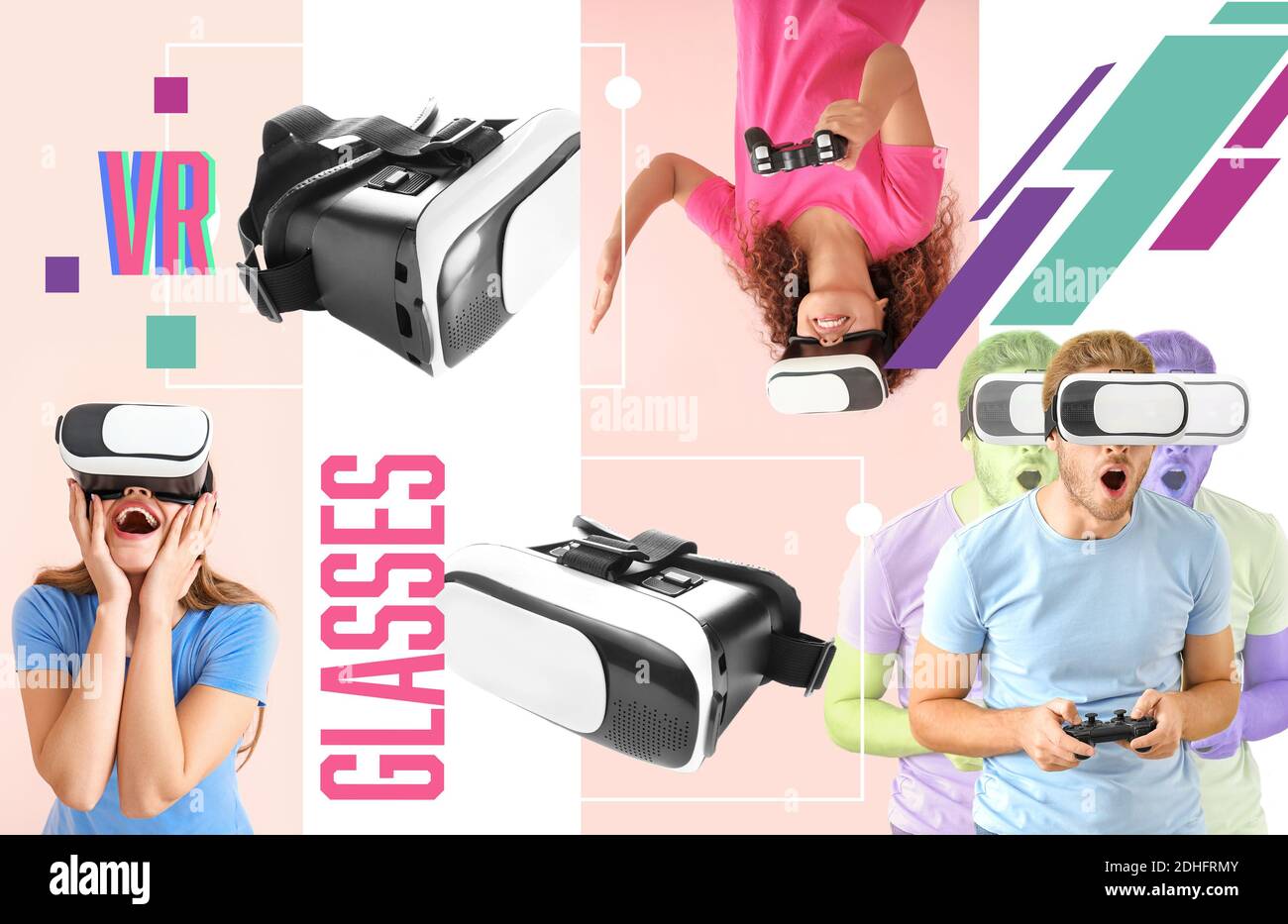Collage with people using VR glasses Stock Photo - Alamy