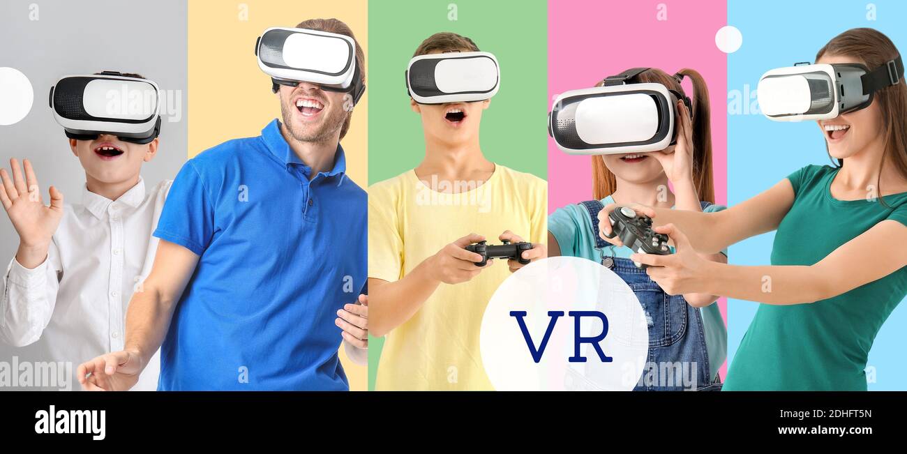 Collage with people using VR glasses Stock Photo - Alamy
