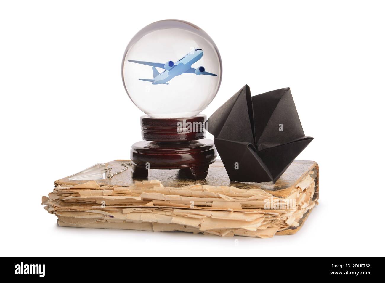 Crystal ball of fortune teller and spell book on white background Stock ...
