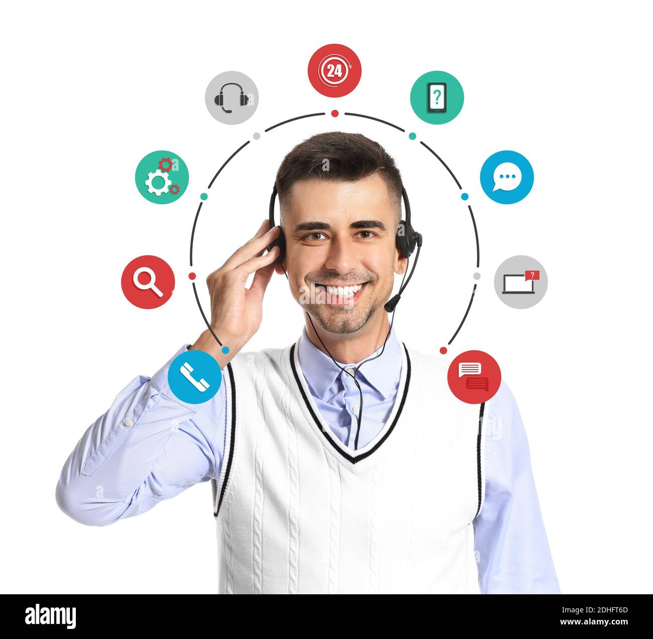 Male technical support agent with digital icons on white background ...