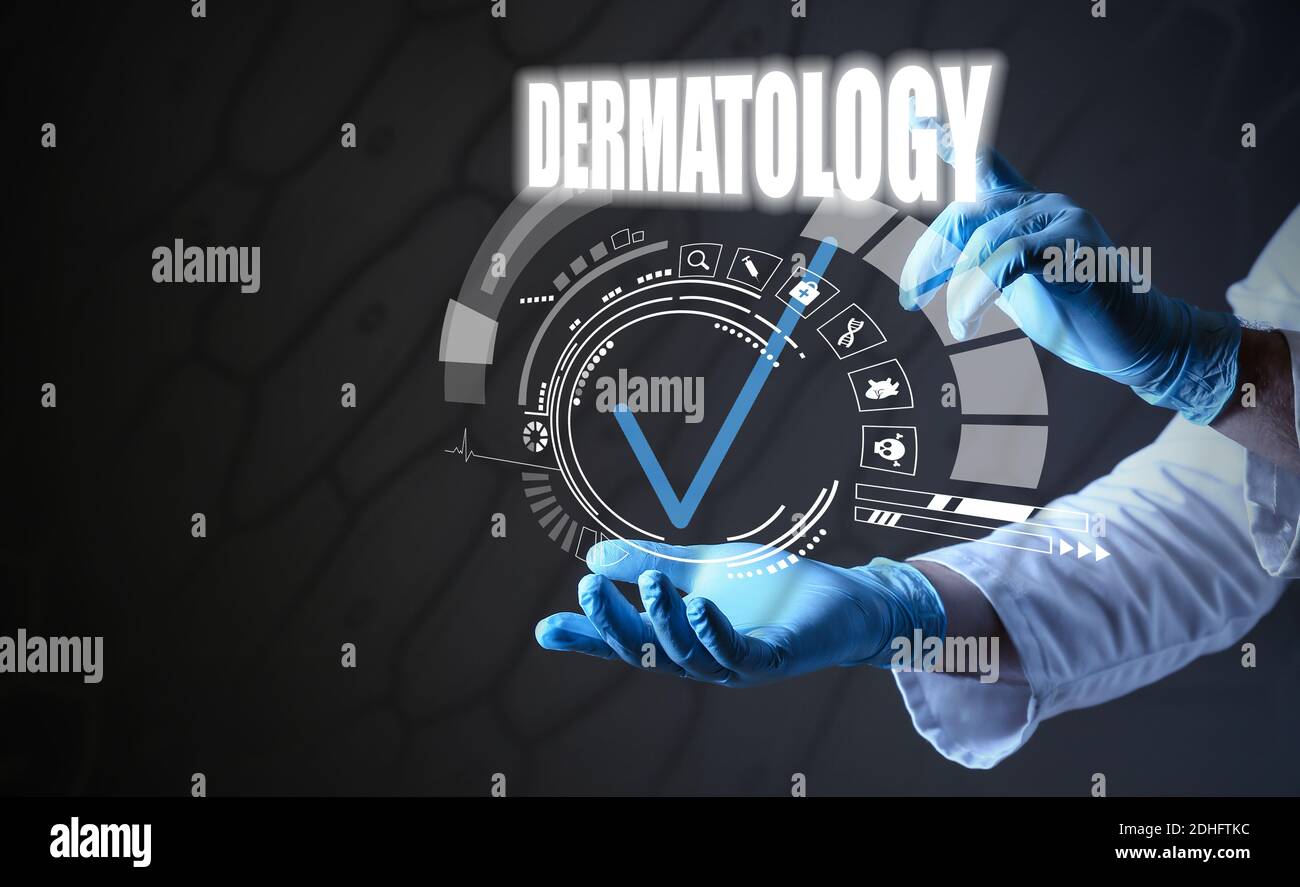 Hands of dermatologist using virtual screen against dark background ...