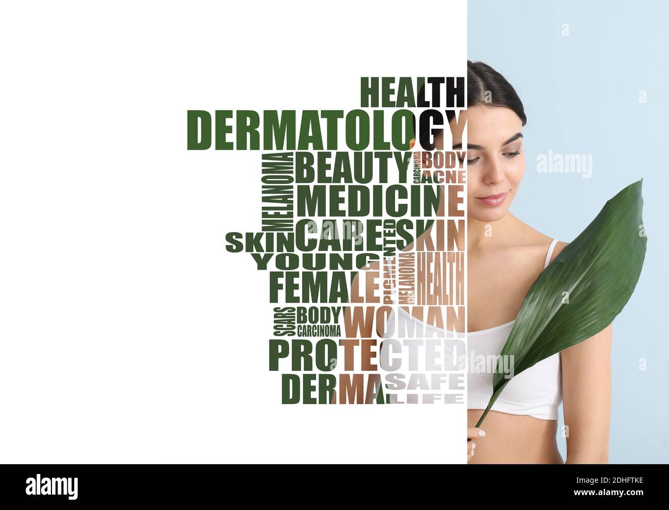 Collage with beautiful young woman on color background. Dermatology ...