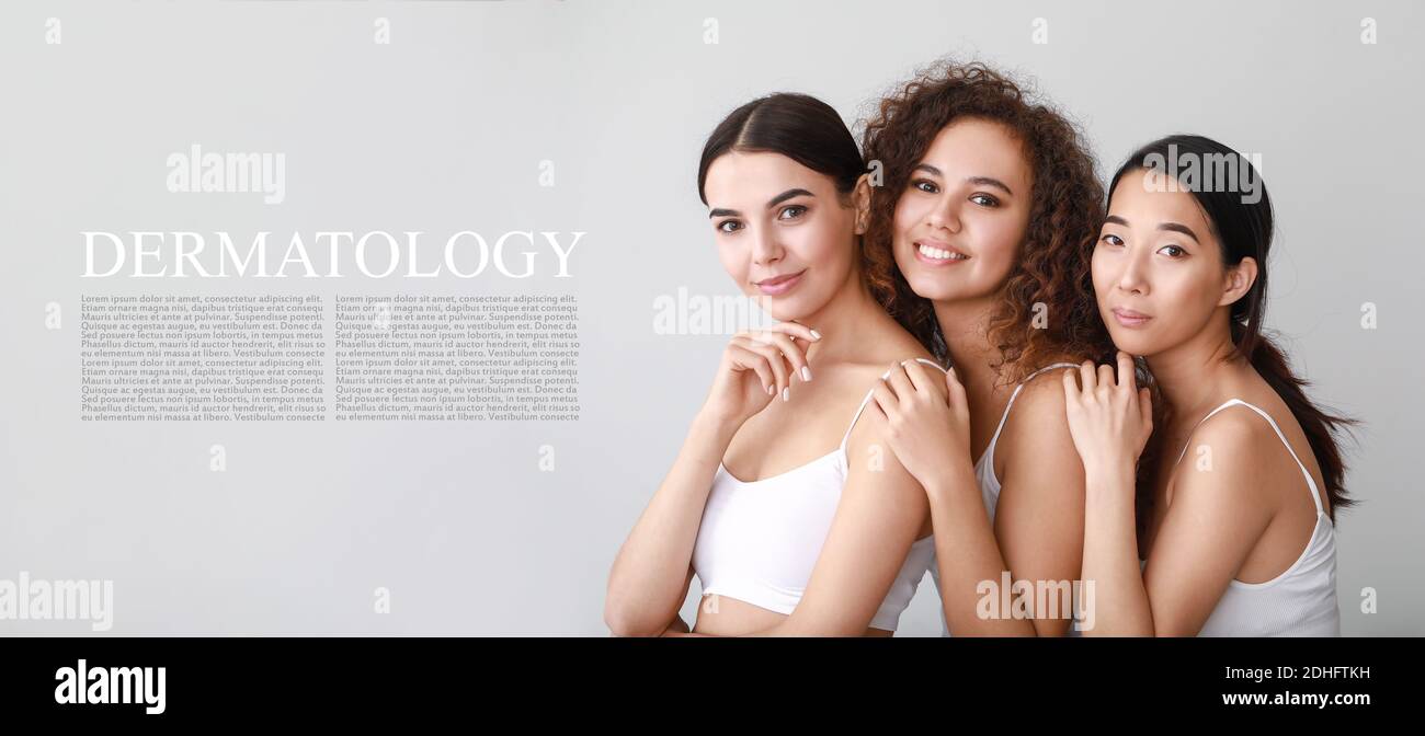 Beautiful young women and space for text on light background ...