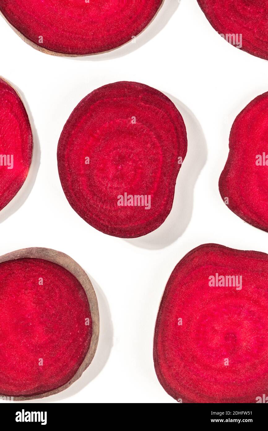 Beetroot texture. Slices of beet, shot from the top on a white ...