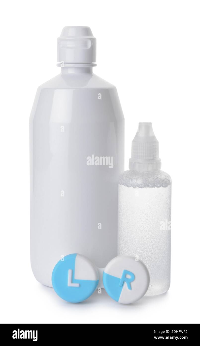 Container with contact lenses and solutions isolated on white ...