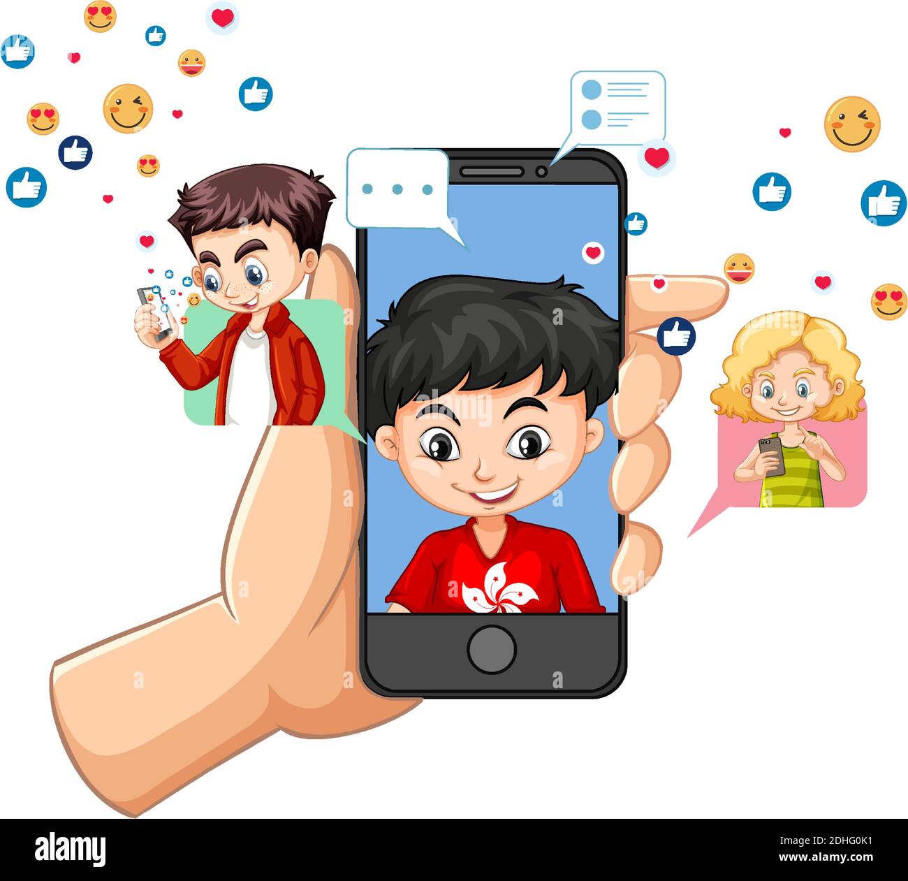 Children with social media elements on white background illustration ...