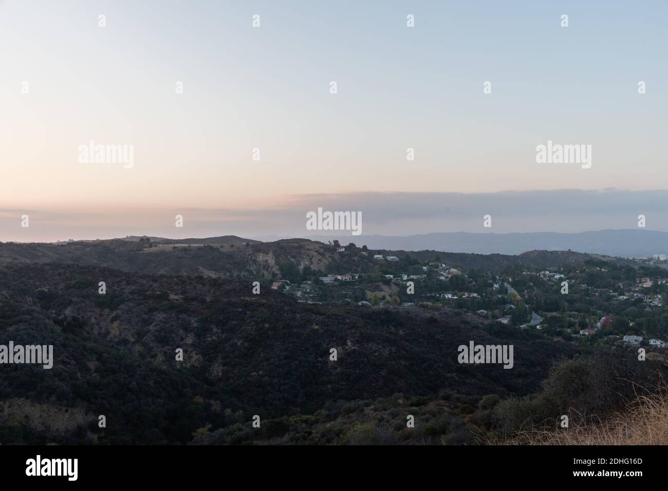 Sunset over the San Fernando Valley in Los Angeles viewed from the ...