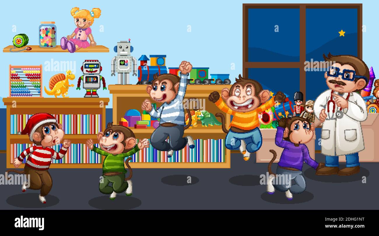 Five little monkeys jumping in the living room with a doctor ...