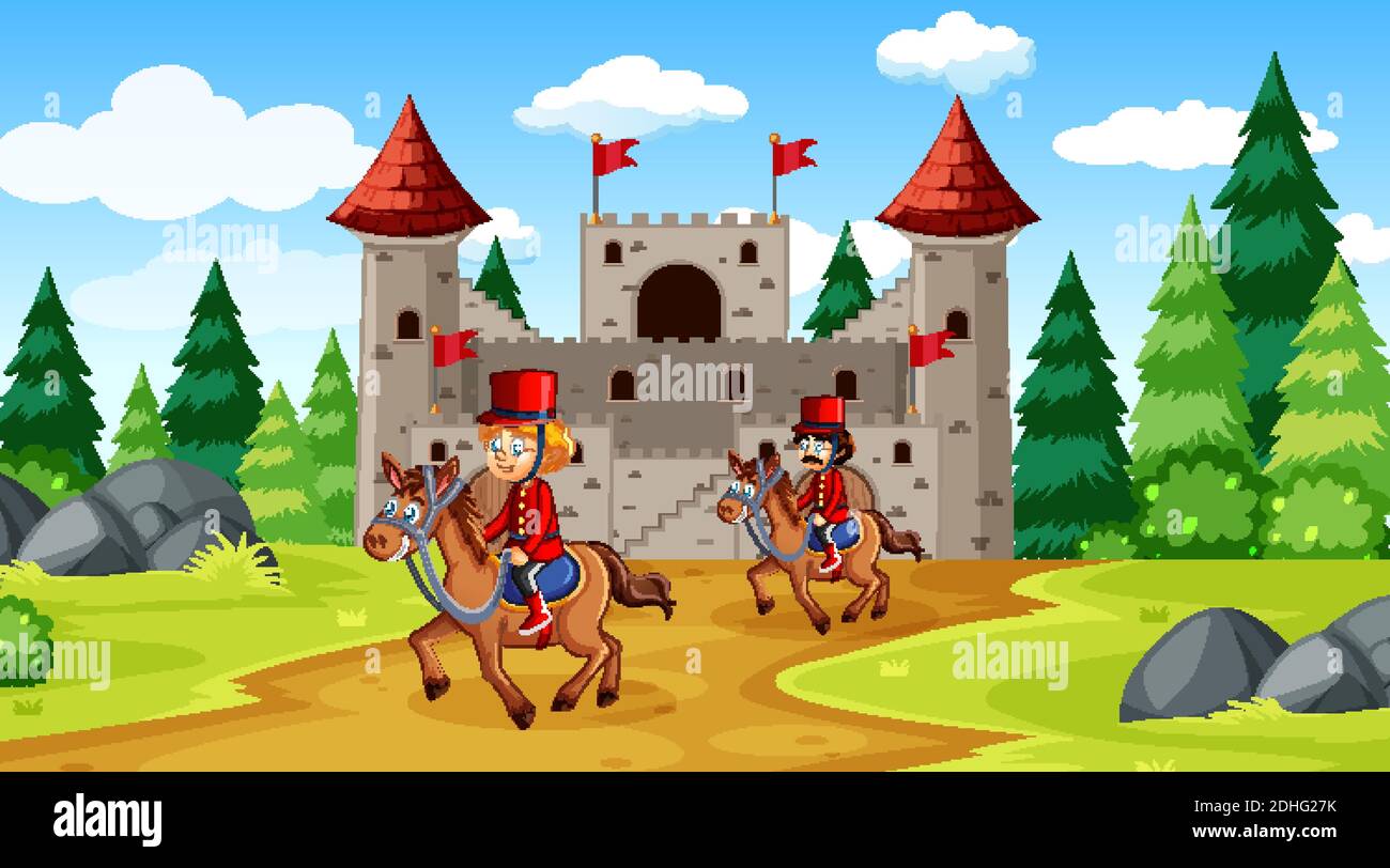 Fairytale scene with castle and soldier royal guard scene illustration ...