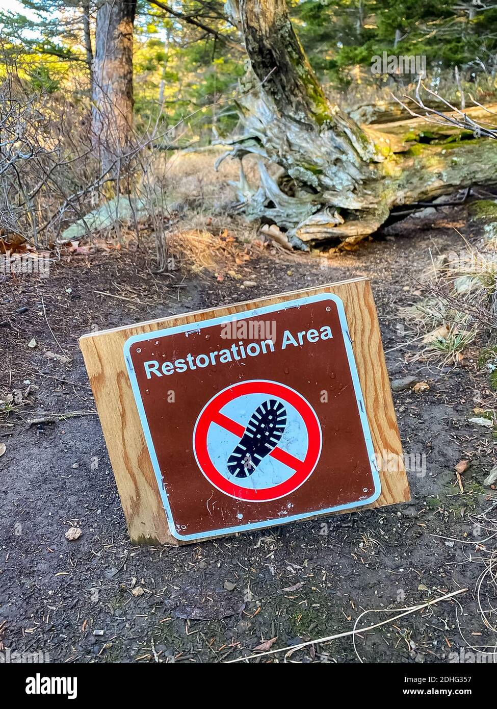 Restoration area conservation preserve sign no access on the ground ...