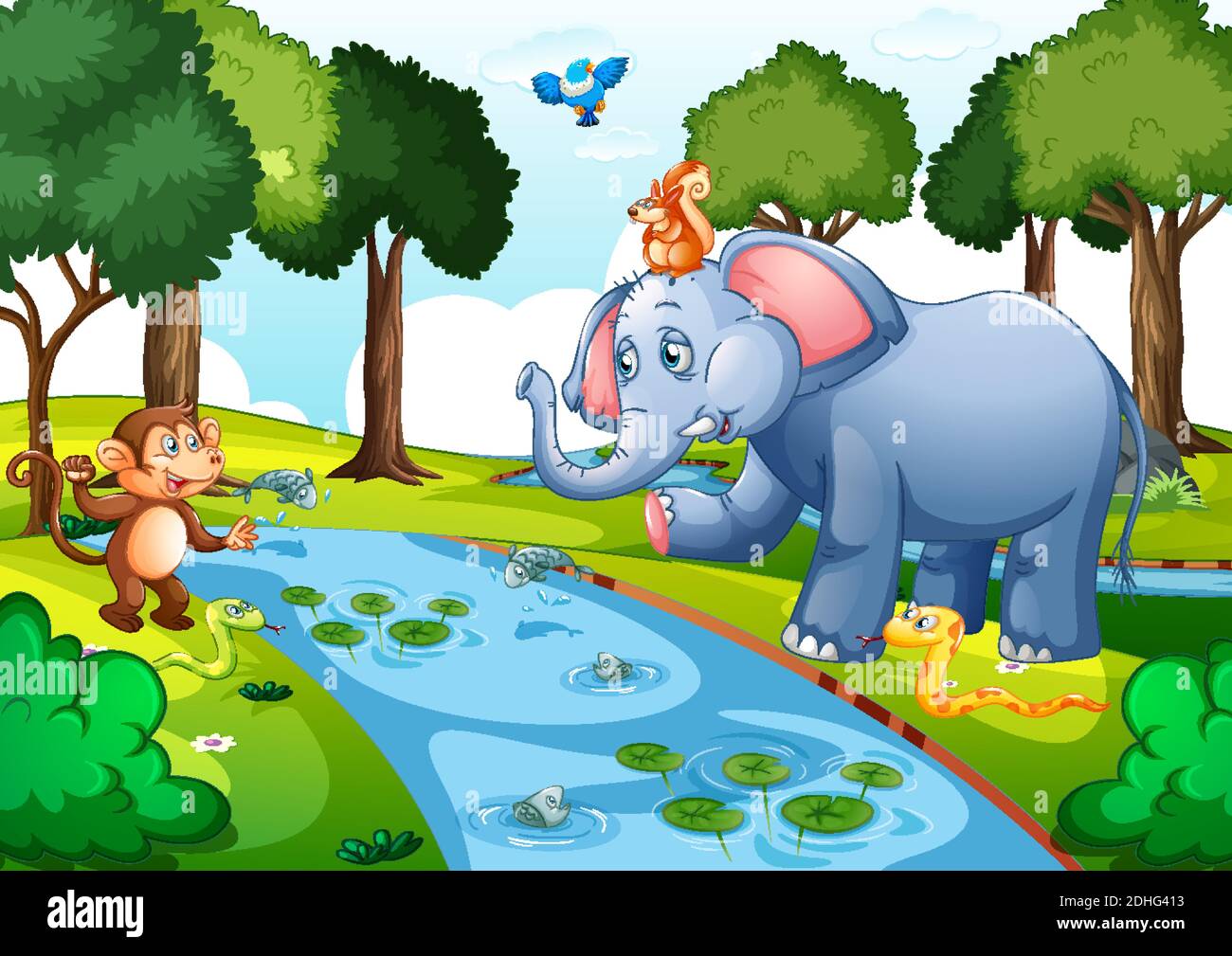 Wild animals in the forest at day time scene illustration Stock Vector ...