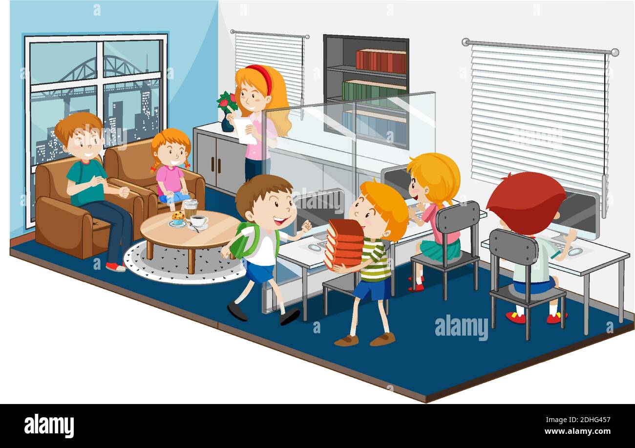Happy children in the computer room scene illustration Stock Vector ...