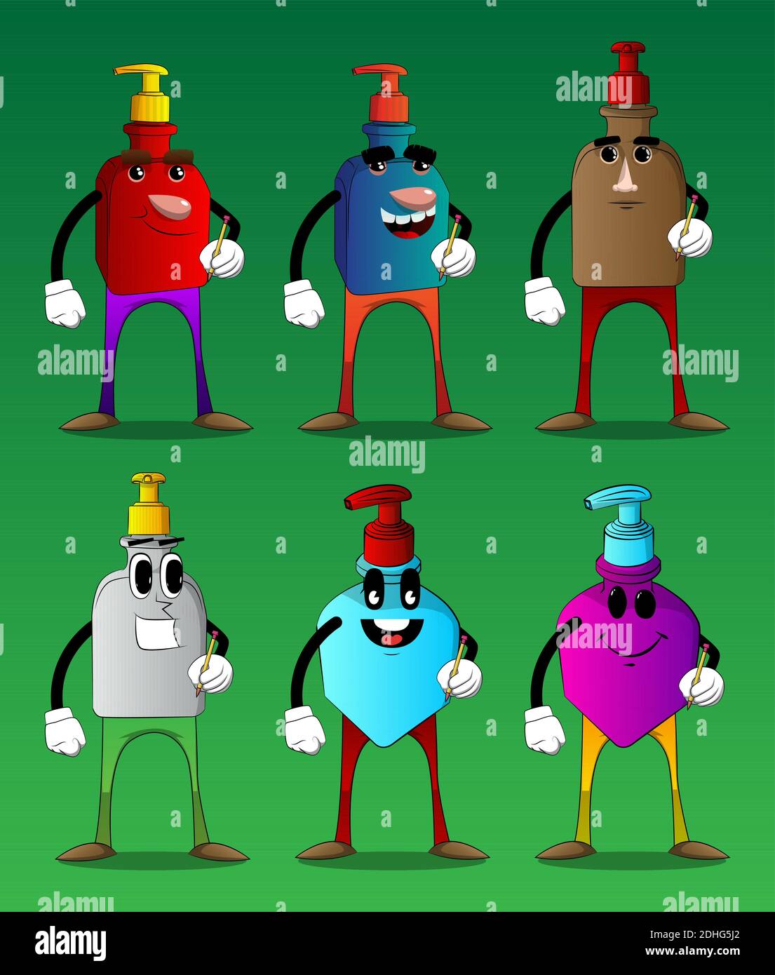 Cartoon bottle of hand sanitizer gel for hygiene with face holding a ...