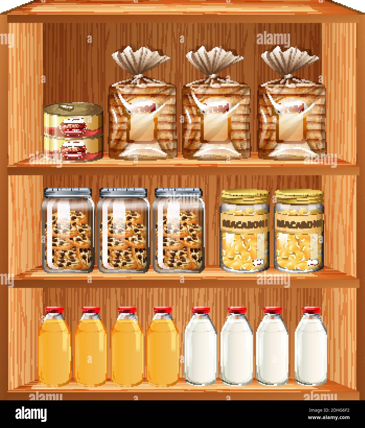Baked goods and processed food in three shelves illustration Stock ...