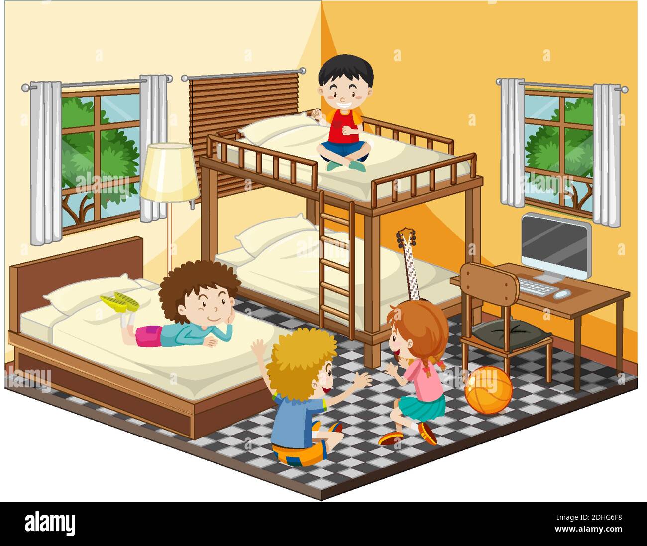 Happy children playing in the bedroom scene illustration Stock Vector ...