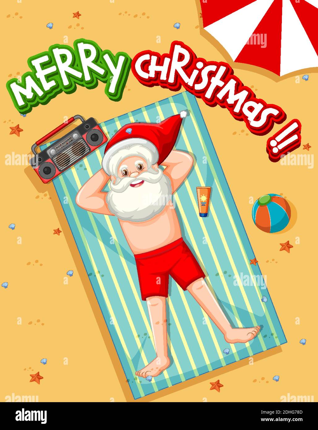 Santa Claus taking sun bath on the beach with summer element and merry ...