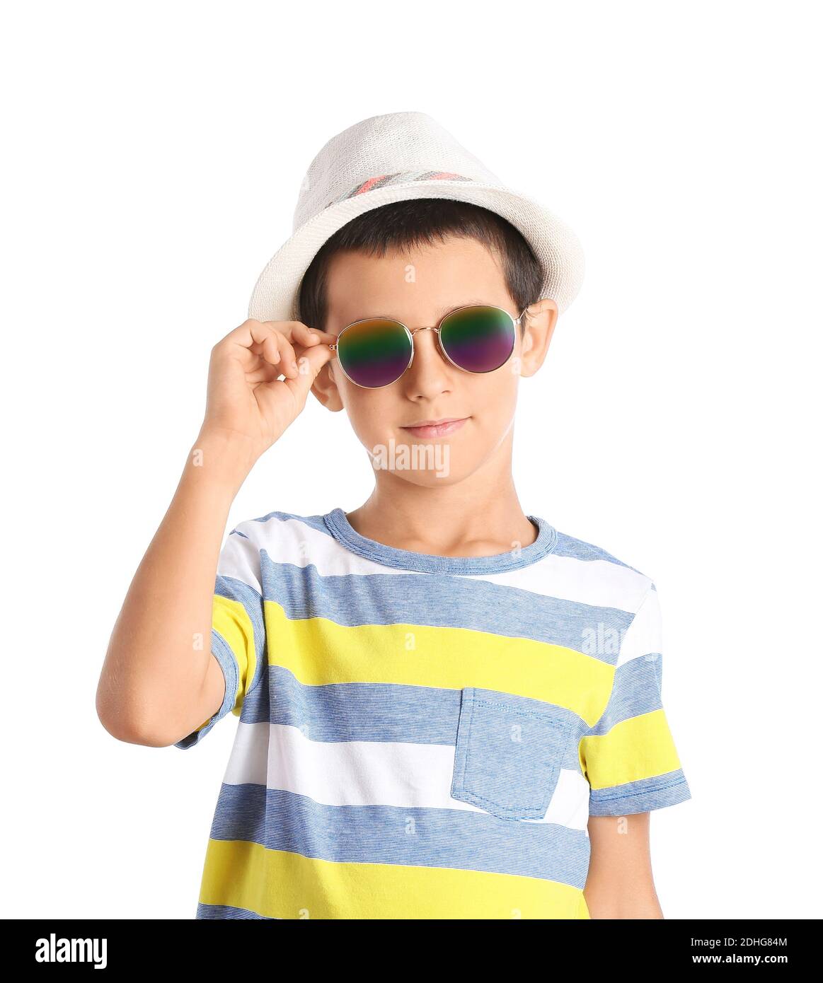 Cute boy wearing stylish sunglasses against white background Stock ...
