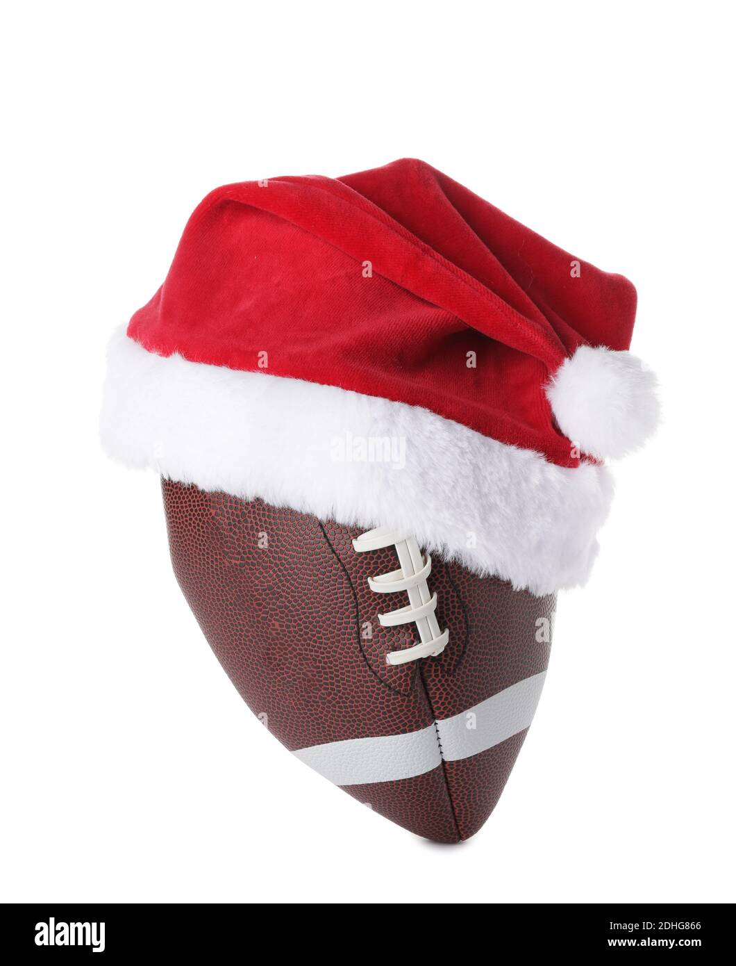 Santa hat with rugby ball on white background Stock Photo - Alamy
