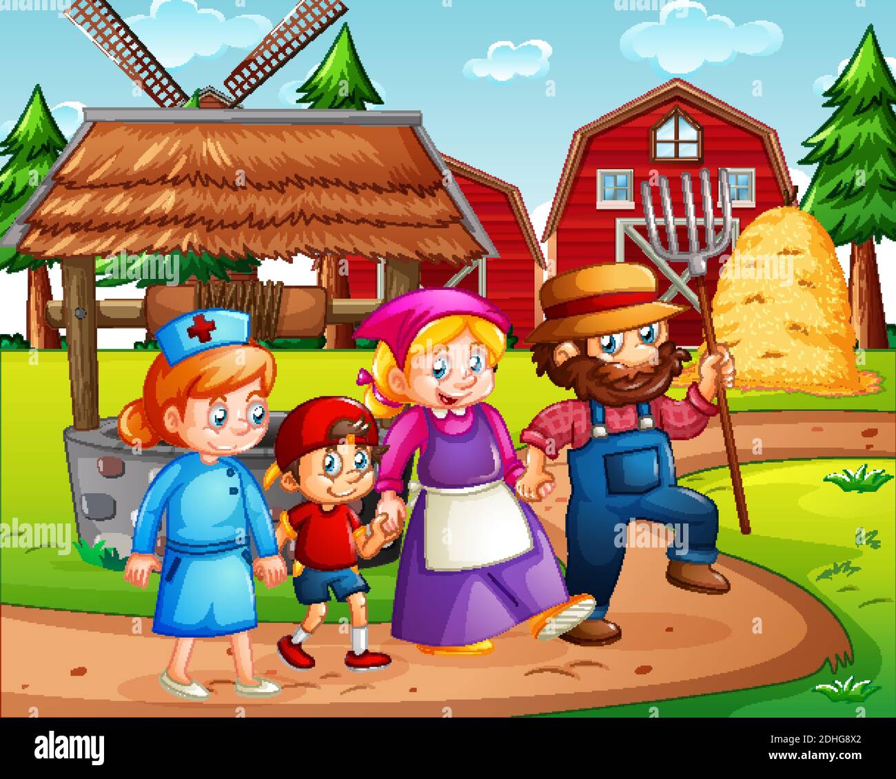 Happy family in the farm with red barn and windmill scene illustration ...