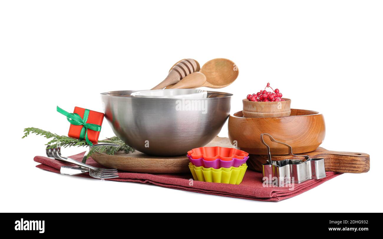 Kitchen utensils for Christmas bakery on white background Stock Photo ...