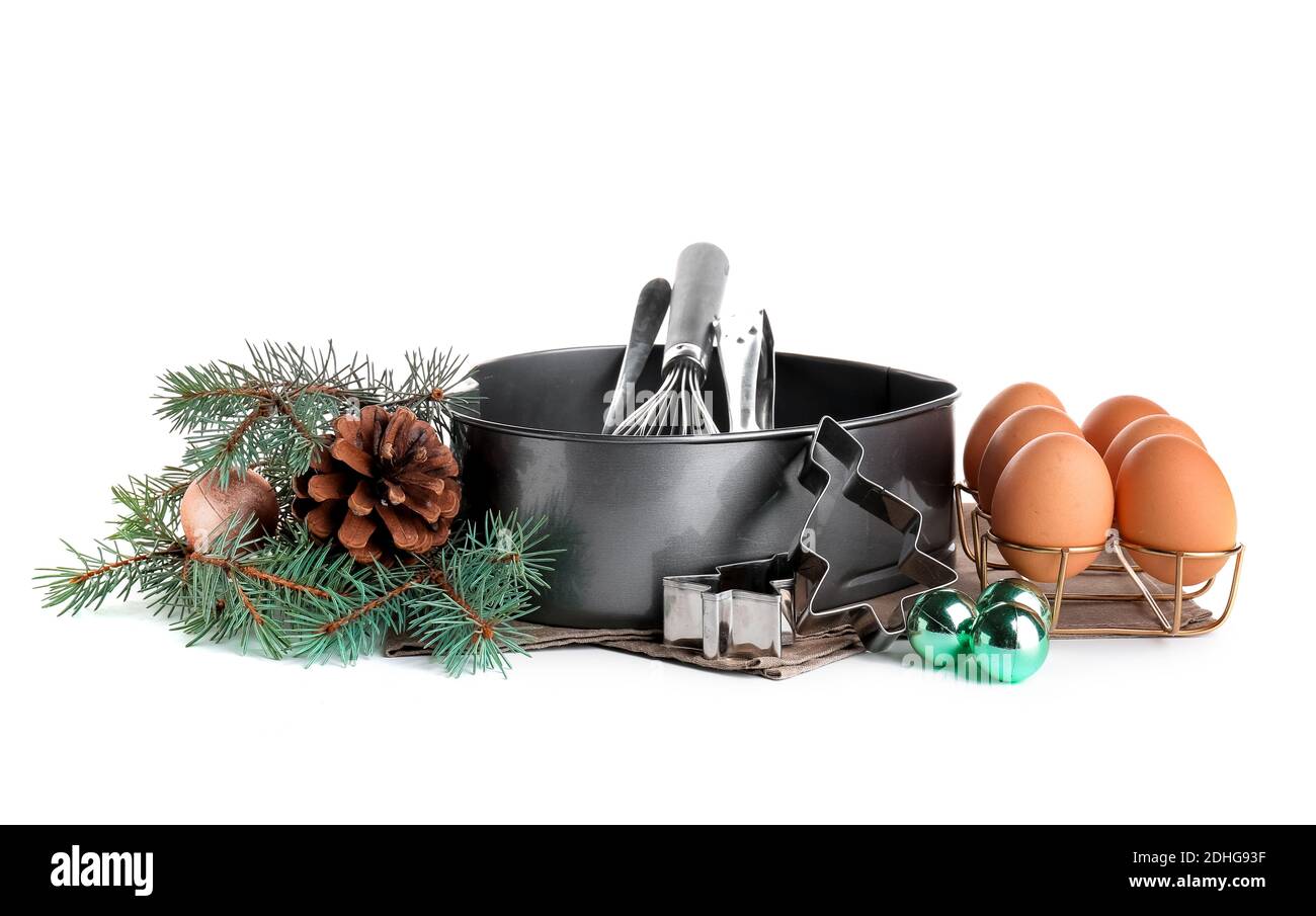 Kitchen utensils for Christmas bakery on white background Stock Photo ...
