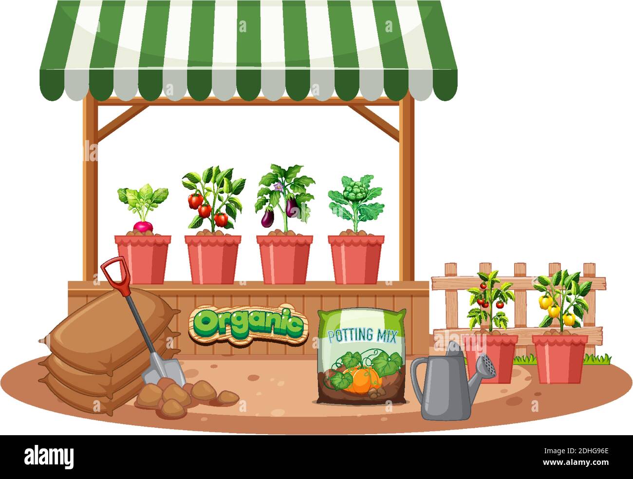 Plant shop with striped awning on white background illustration Stock ...