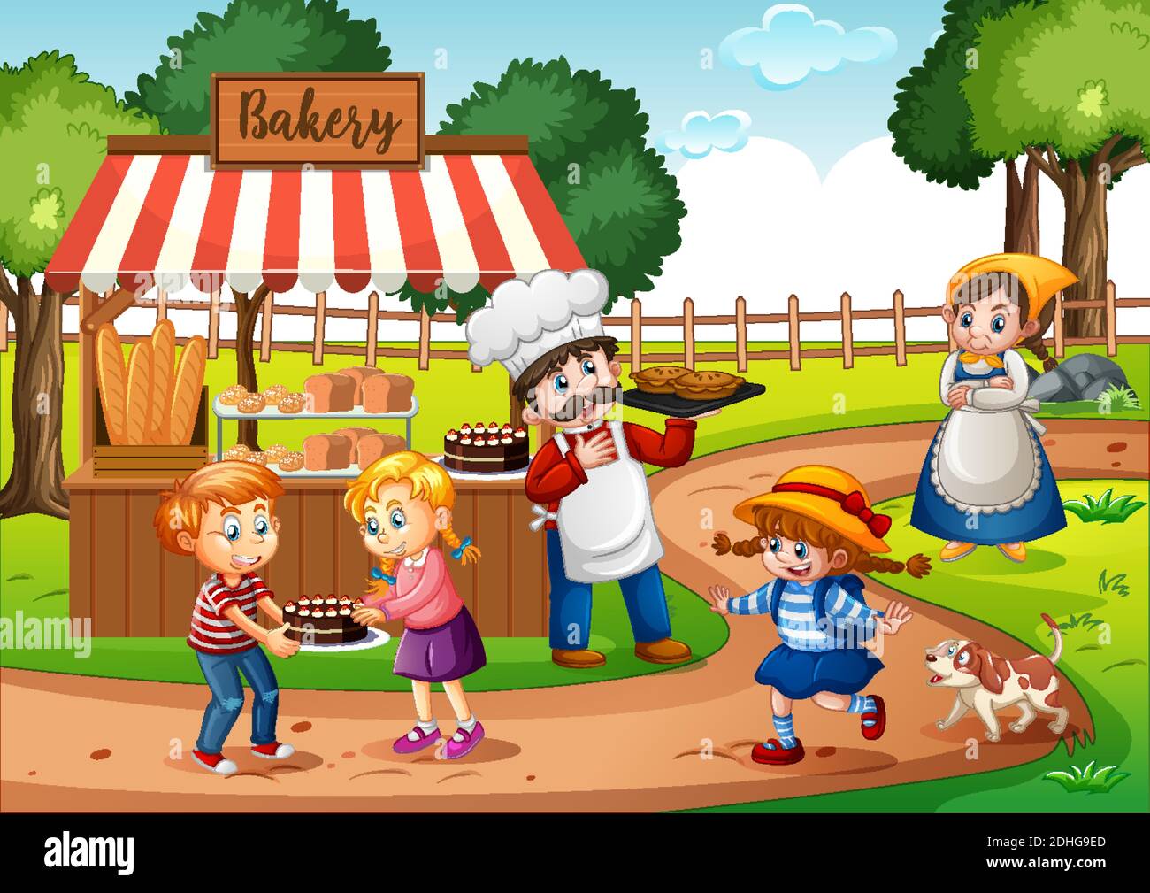Front of bakery shop with baker in the park scene illustration Stock ...
