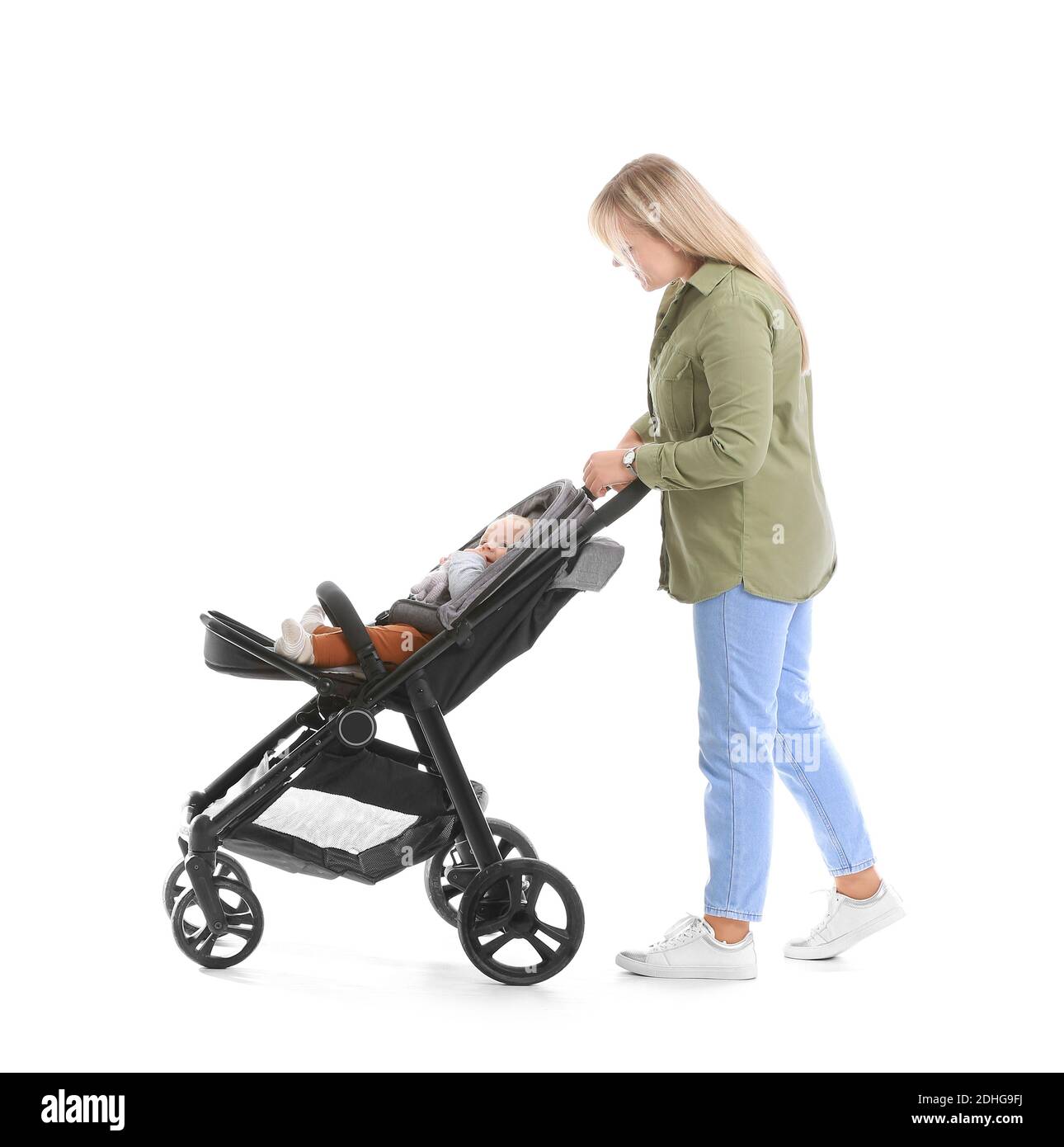 Woman and her cute baby in stroller on white background Stock Photo - Alamy