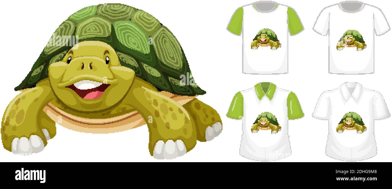 Turtle cartoon character with many types of shirts on white background ...