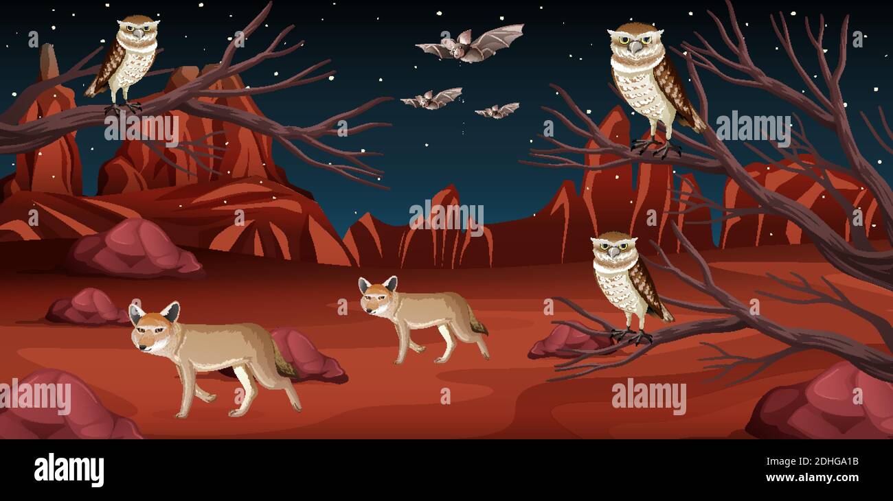 Desert with rock mountains and desert animals landscape at night scene ...