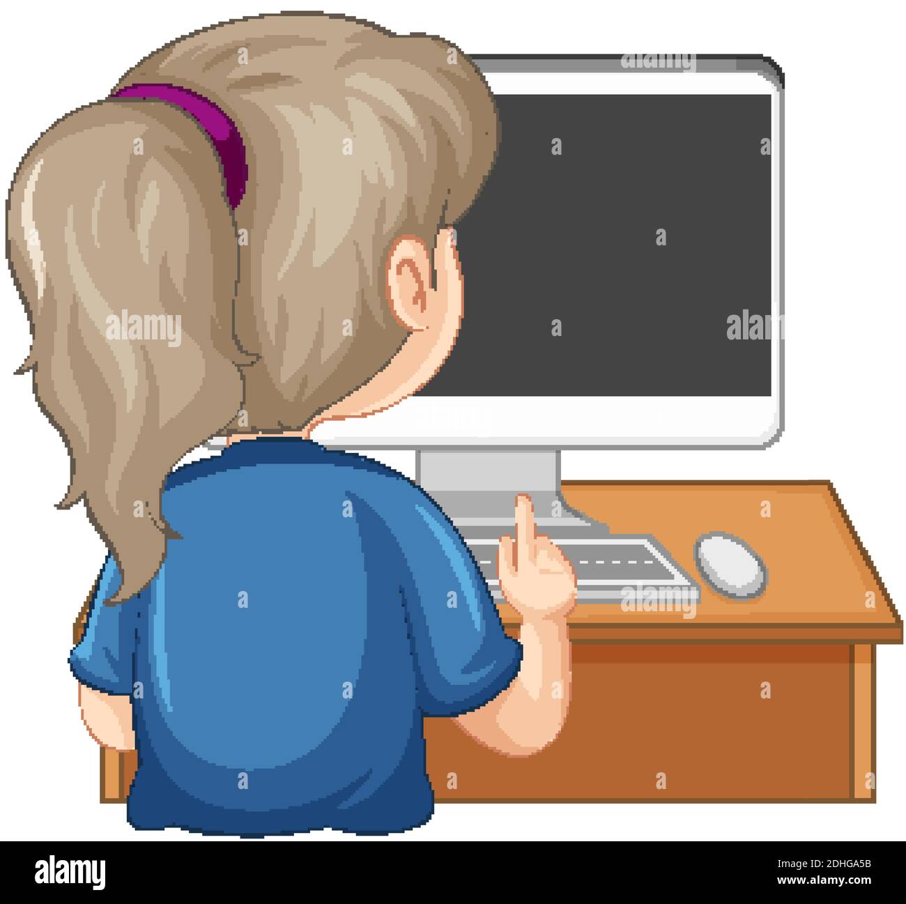 Back view of a girl with computer on the table on white background ...