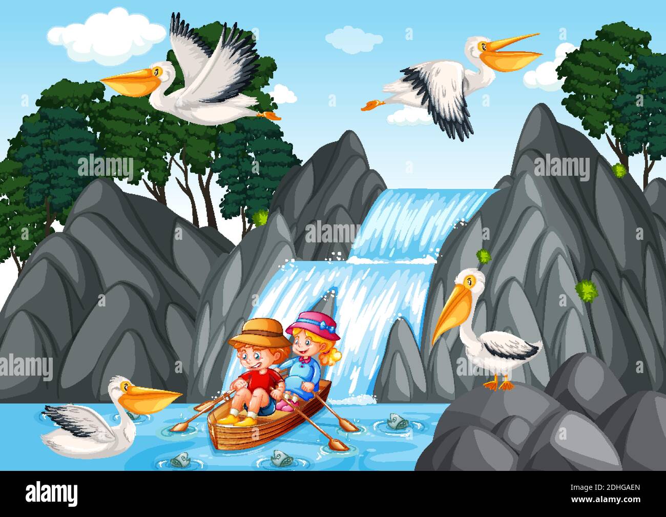Children row the boat in the waterfall scene illustration Stock Vector ...