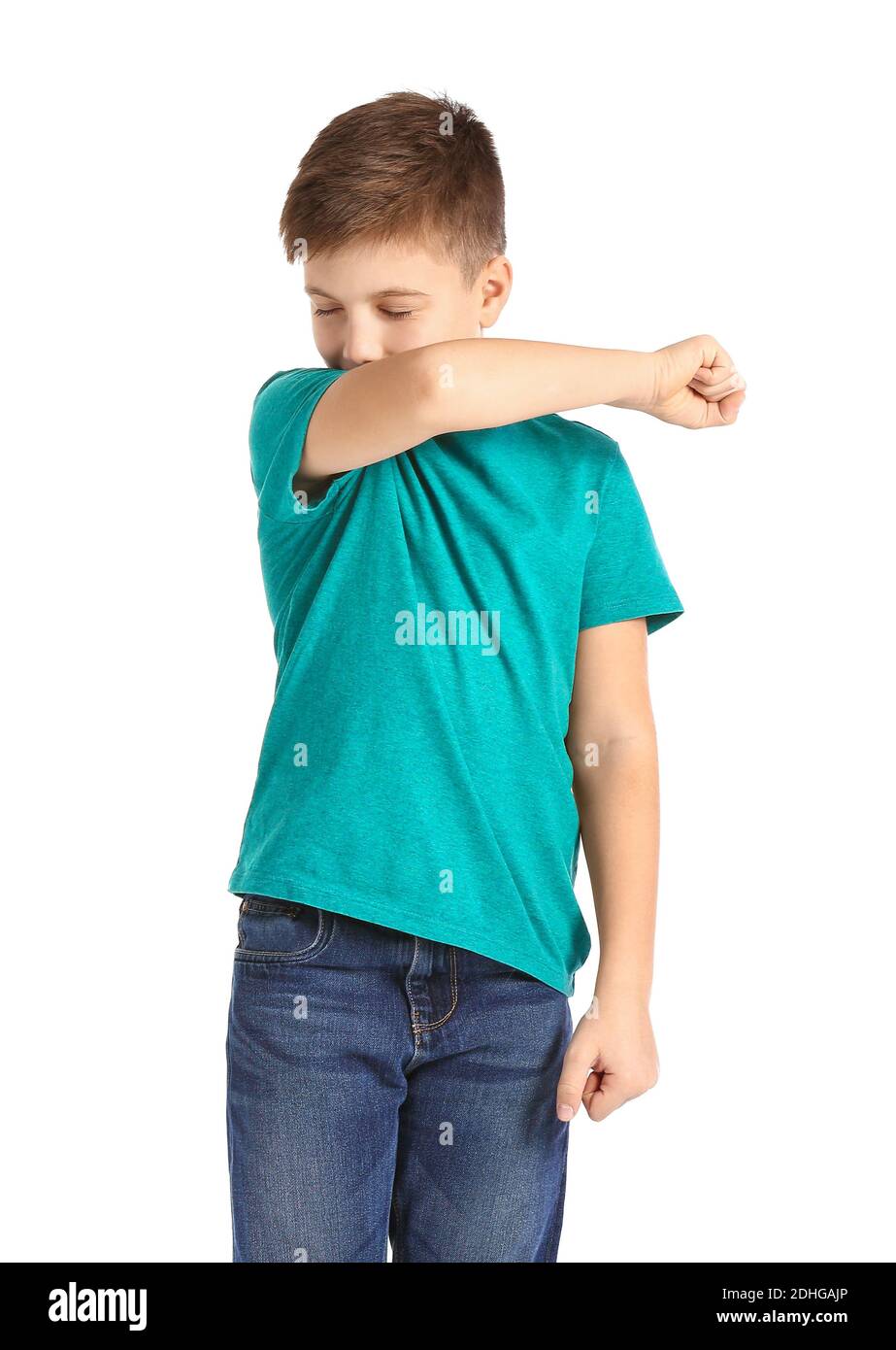 Coughing little boy on white background Stock Photo - Alamy