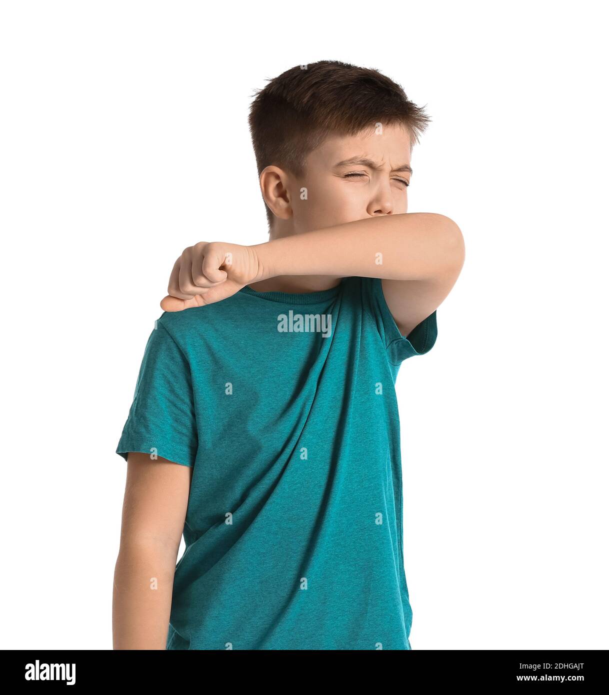 Coughing little boy on white background Stock Photo - Alamy
