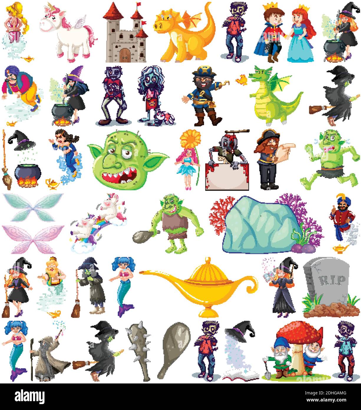 Set of fantasy cartoon characters and fantasy theme isolated on white ...