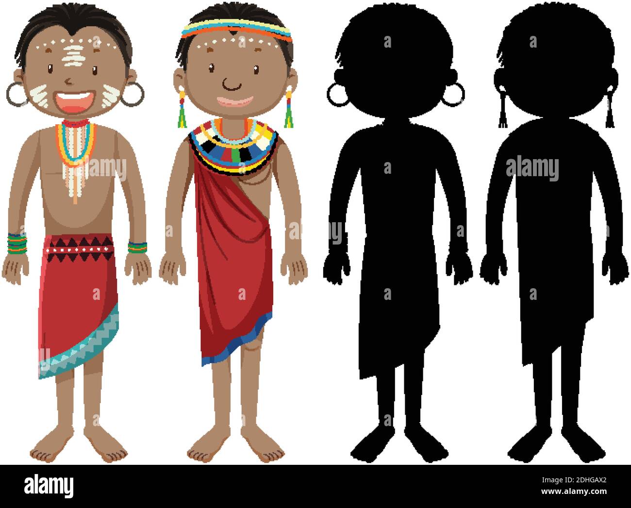 Set of people of African tribes character with its silhouette ...