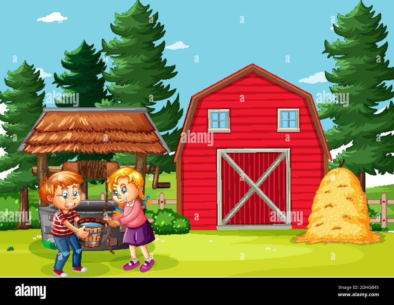 Happy family in farm scene in cartoon style illustration Stock Vector ...