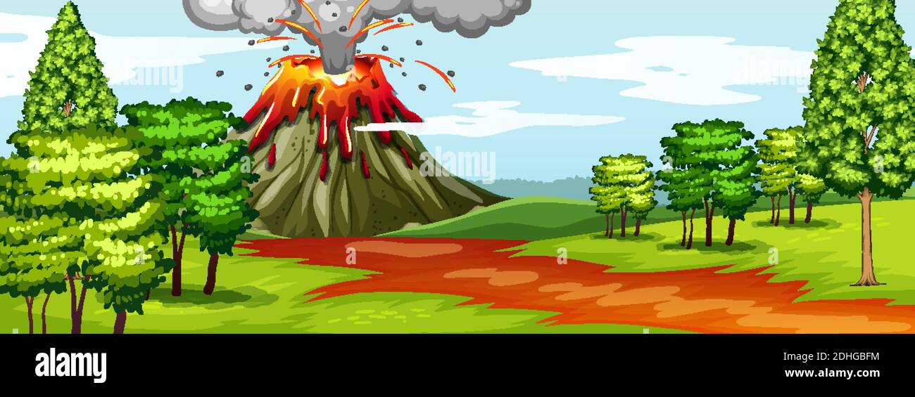 Volcano eruption in nature forest scene at daytime illustration Stock ...